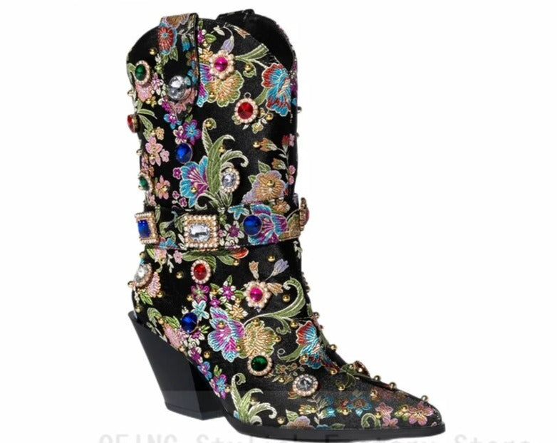 Gemstone-Embellished Cowboy High Heel Boots – SANSA COSTA